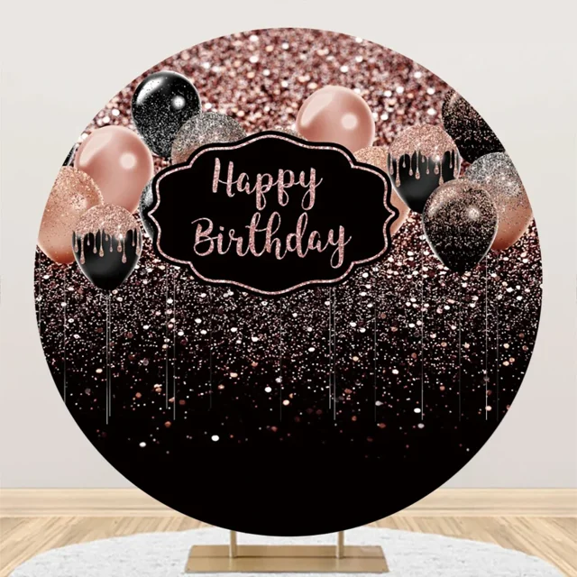 Happy Birthday Round Backdrop Cover White Gold Glitter Balloon Circle ...