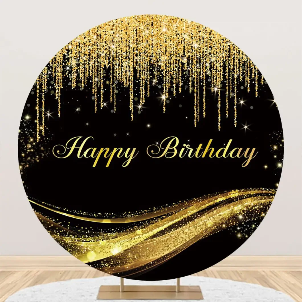 Happy Birthday Round Backdrop Cover White Gold Glitter Balloon Circle ...