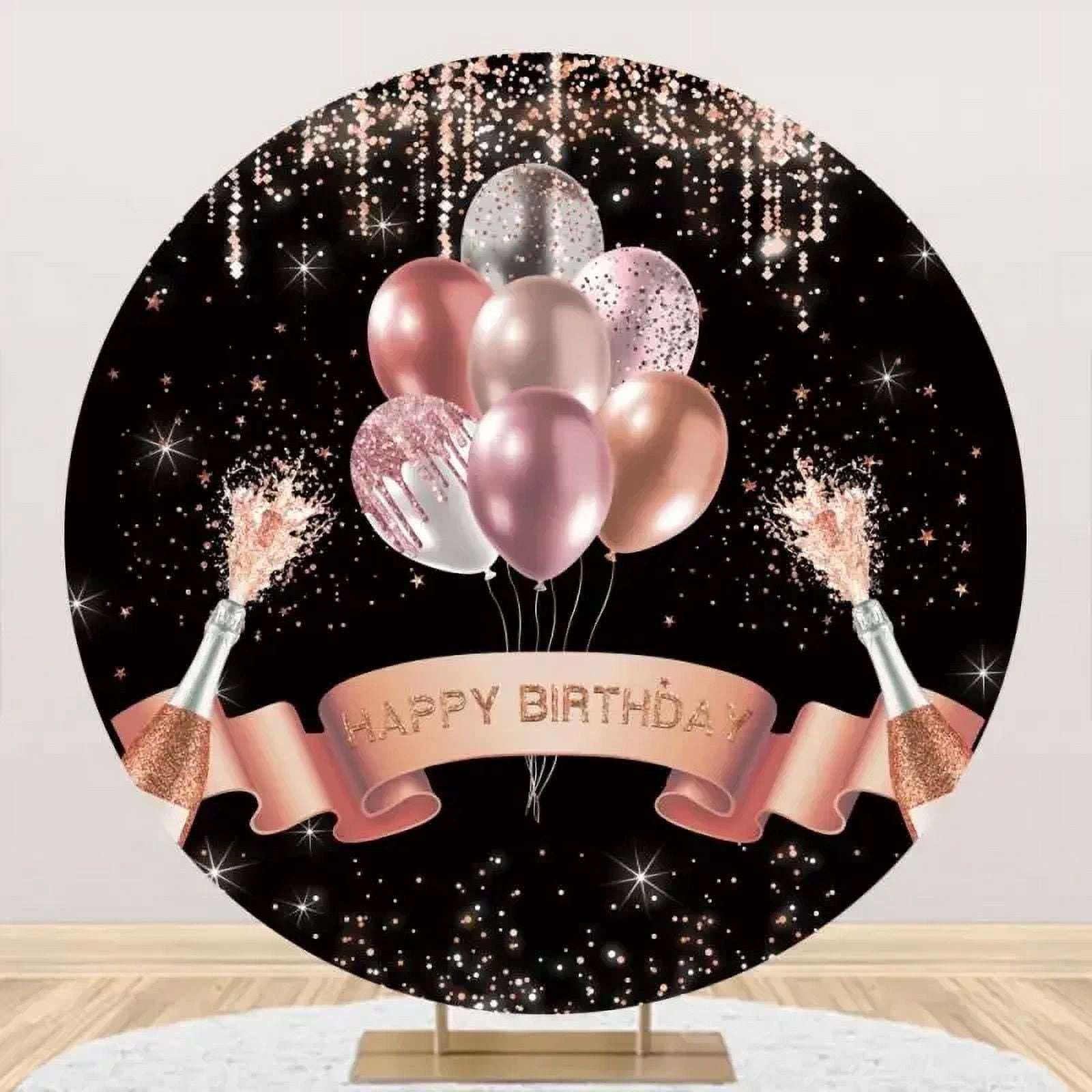 Happy Birthday Round Backdrop Cover White Gold Glitter Balloon Circle ...