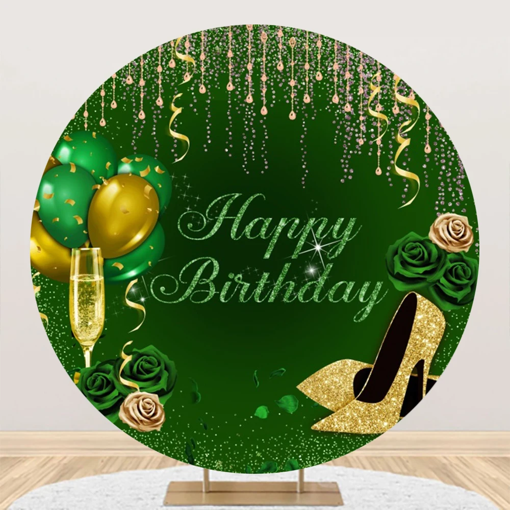 Happy Birthday Round Backdrop Cover White Gold Glitter Balloon Circle ...