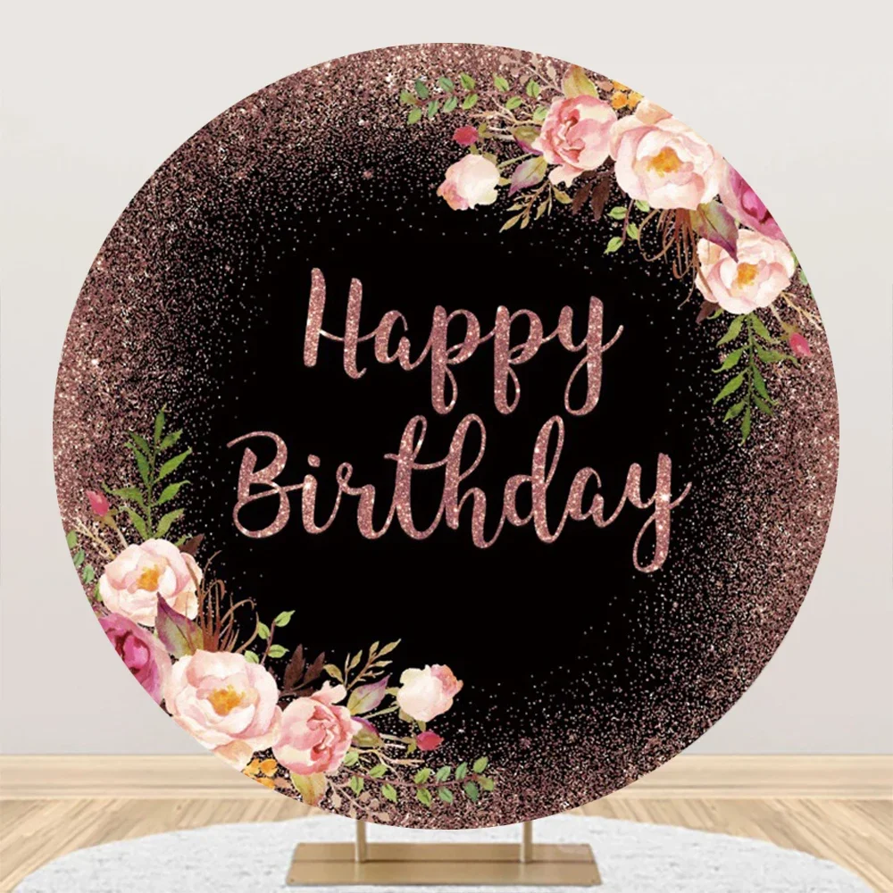 Happy Birthday Round Backdrop Cover White Gold Glitter Balloon Circle ...