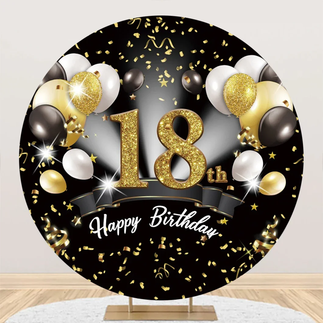 Happy Birthday Round Backdrop Cover White Gold Glitter Balloon Circle ...