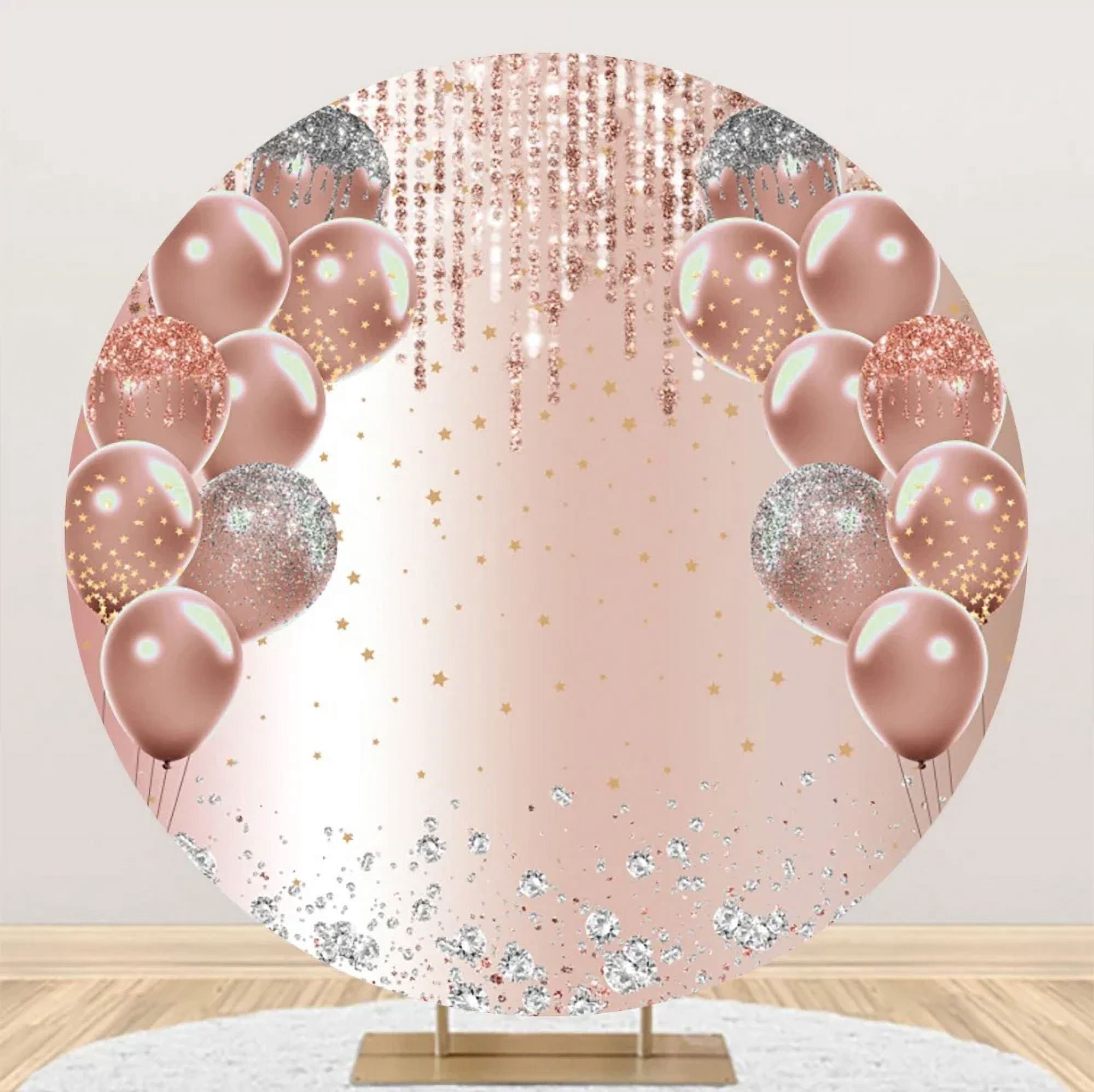 Happy Birthday Round Backdrop Cover White Gold Glitter Balloon Circle ...