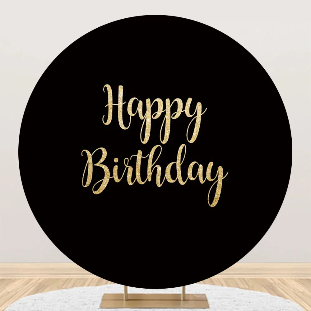 Happy Birthday Round Backdrop Cover White Gold Glitter Balloon Circle ...