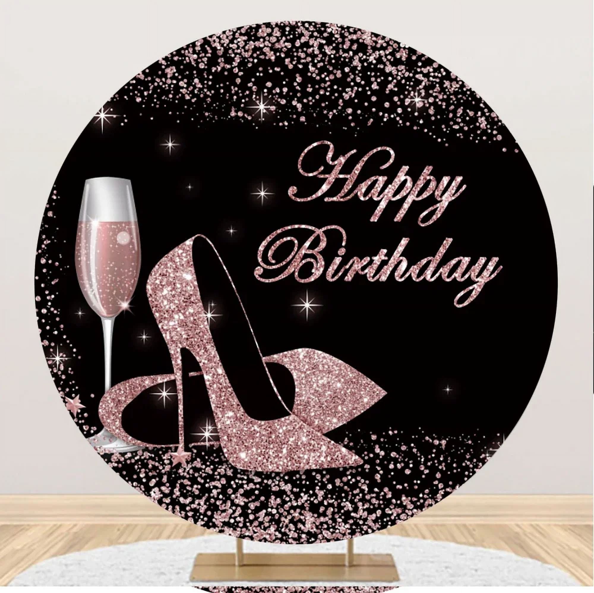 Happy Birthday Round Backdrop Cover White Gold Glitter Balloon Circle ...