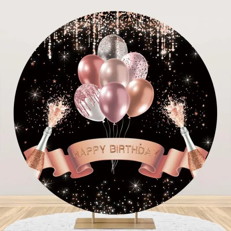 Happy Birthday Round Backdrop Cover White Gold Glitter Balloon Circle ...