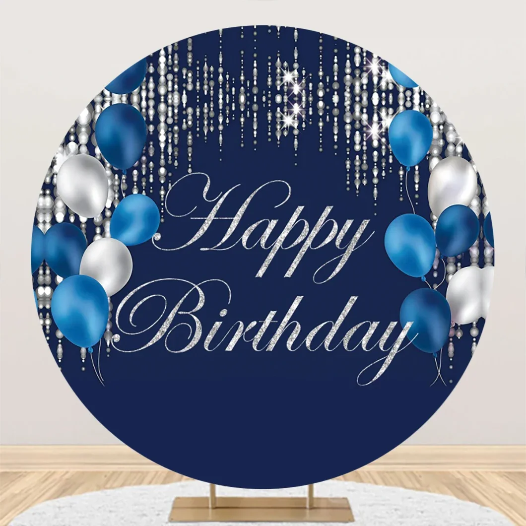 Happy Birthday Round Backdrop Cover White Gold Glitter Balloon Circle ...