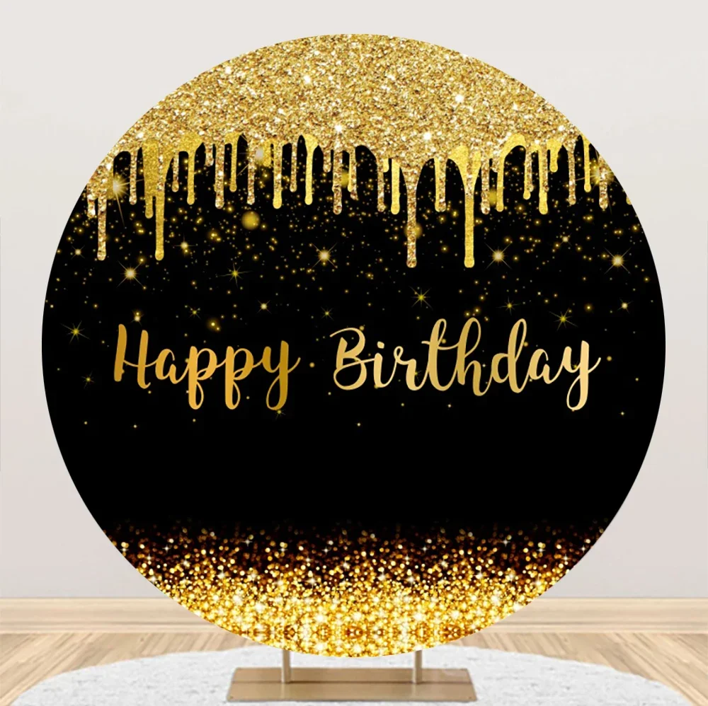 Happy Birthday Round Backdrop Cover White Gold Glitter Balloon Circle ...