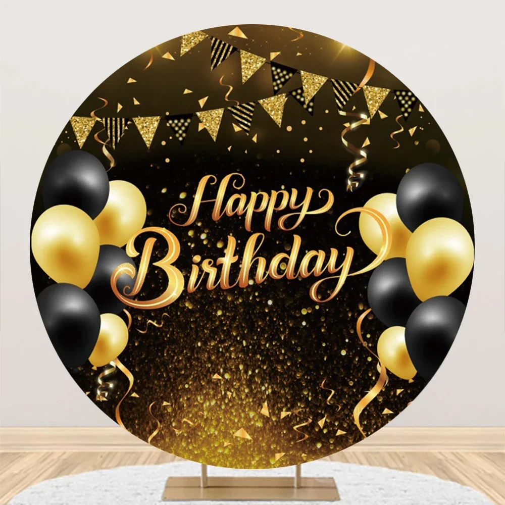 Happy Birthday Round Backdrop Cover White Gold Glitter Balloon Circle ...