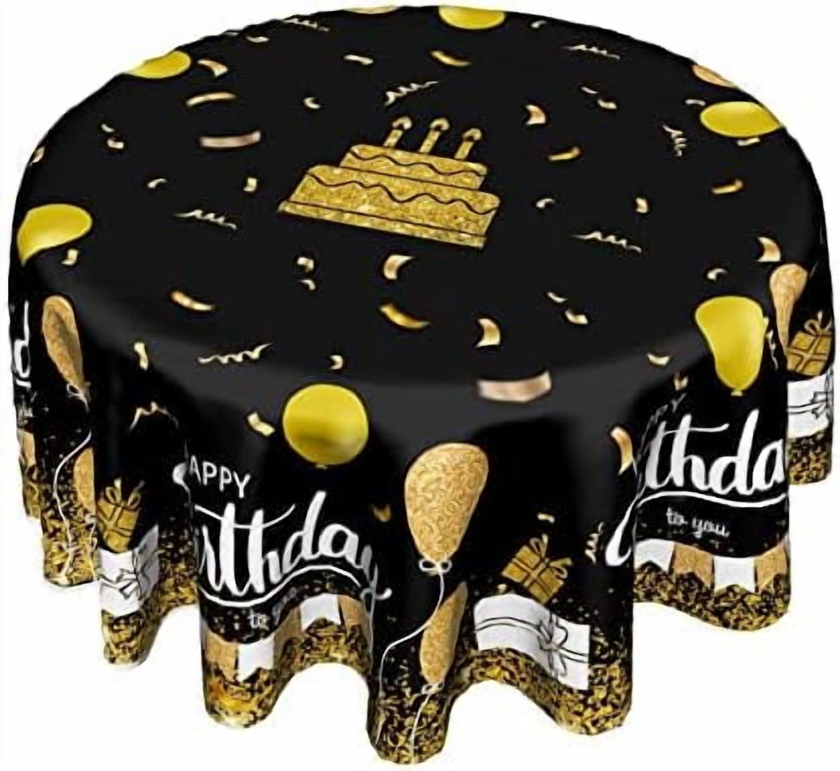 Happy Birthday Round Tablecloth 60" Black Gold Birthday Cake Confetti ...