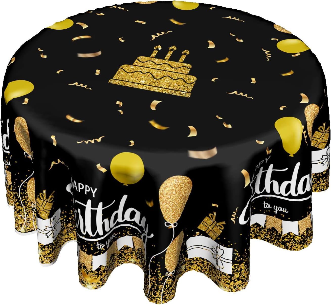 Happy Birthday Round Tablecloth 60" Black Gold Birthday Cake Confetti ...