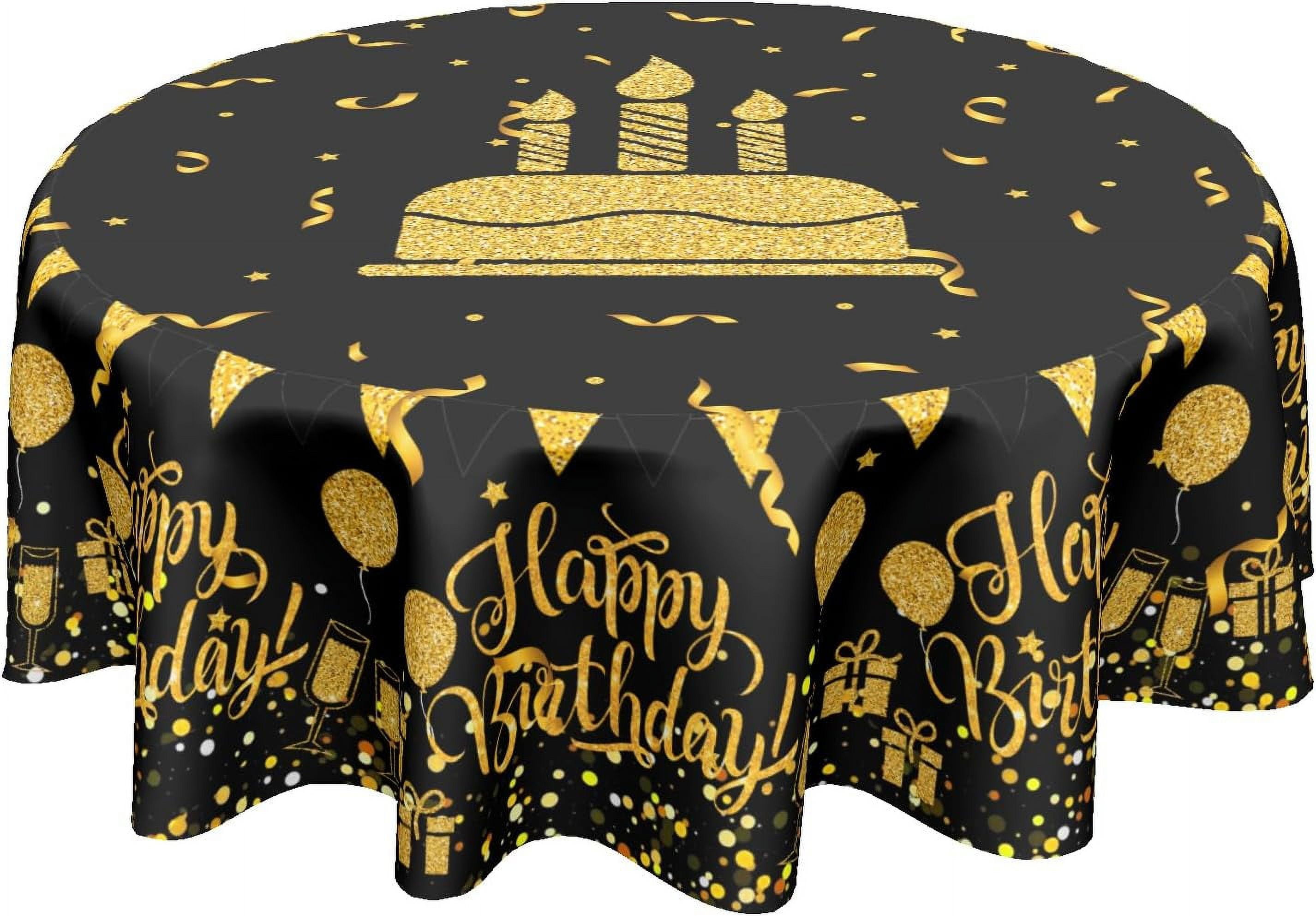 Happy Birthday Round Tablecloth 60 Inch Black Gold Birthday Cake Flags ...