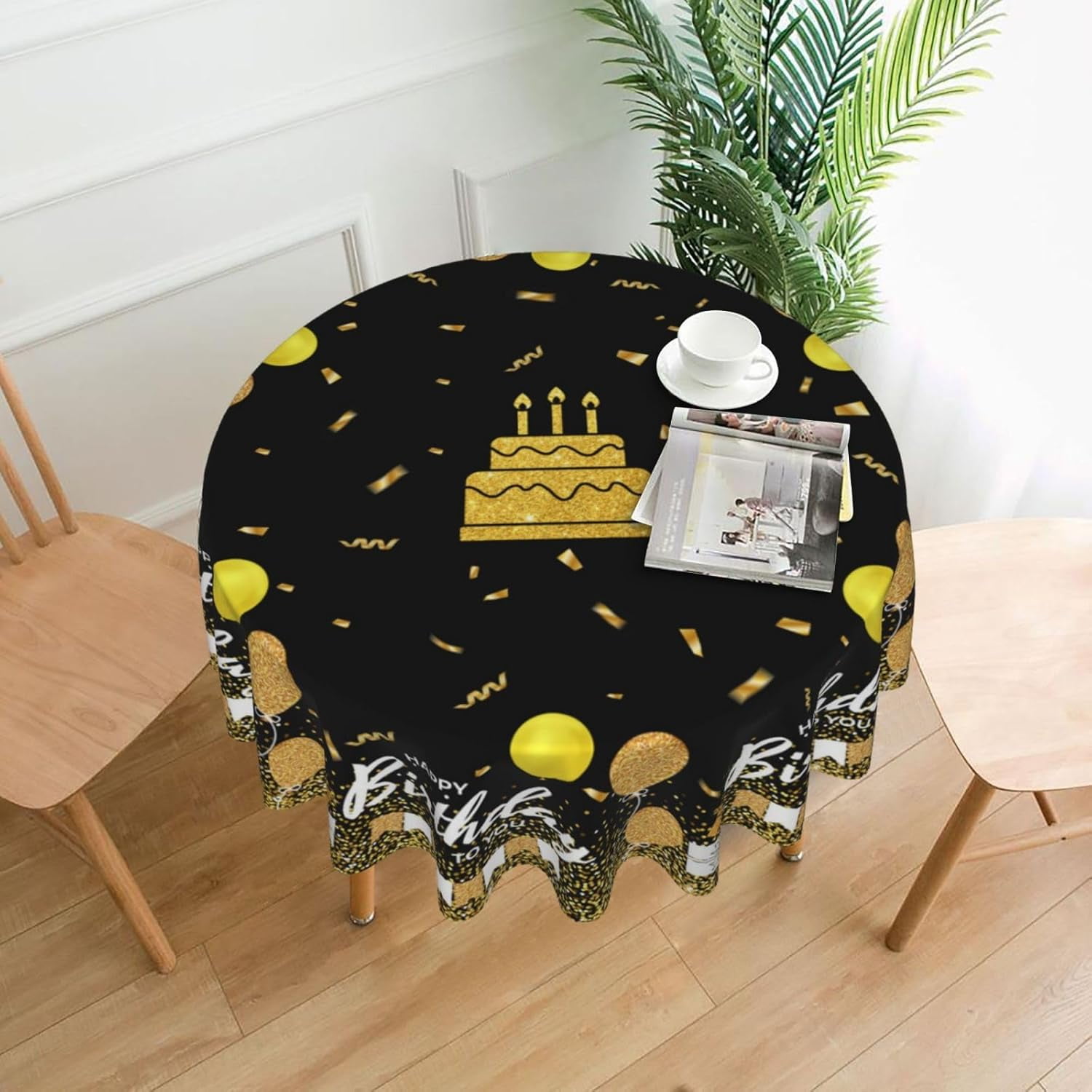 Happy Birthday Round Tablecloth Black Gold Birthday Cake Flags Ribbon ...
