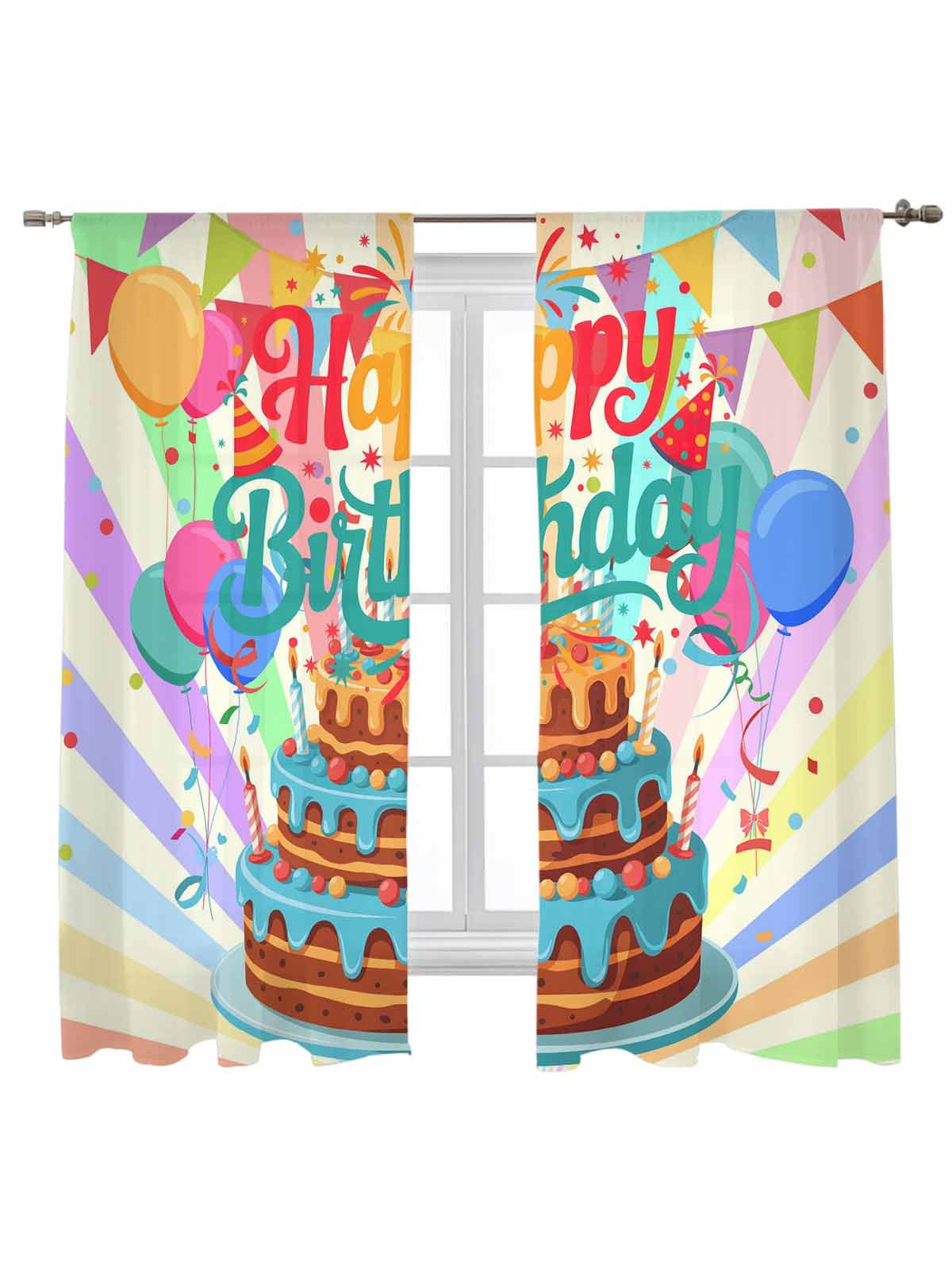 Happy Birthday Sheer Curtains 2 Panels Set Birthday Cake Ribbon Balloon ...