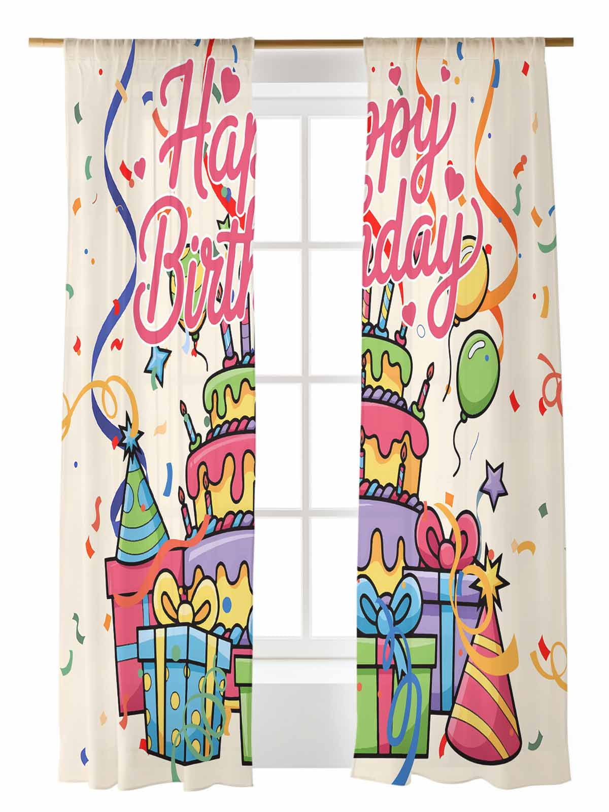 Happy Birthday Sheer Curtains 2 Panels Set Cake Gift Ribbon Balloon ...