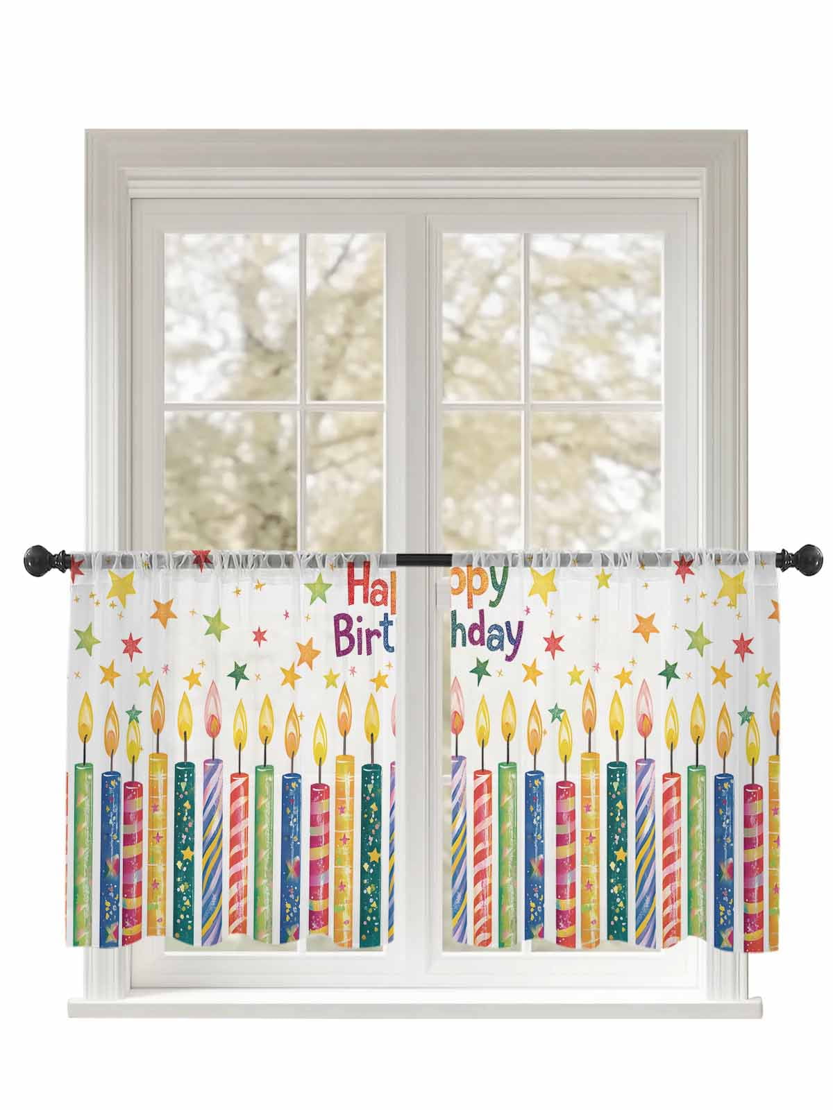 Happy Birthday Sheer Curtains 2 Panels Set Colorful Candles Pentagram ...