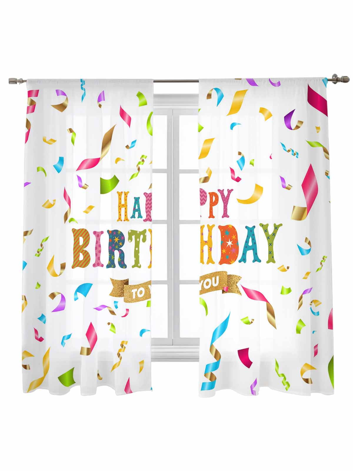 Happy Birthday Sheer Curtains 2 Panels Set Colorful Ribbon Cheers ...
