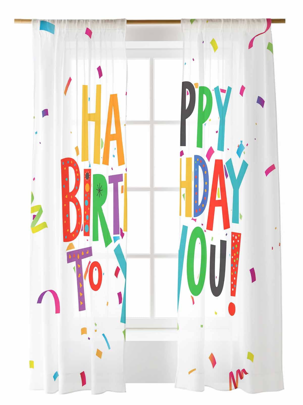 Happy Birthday Sheer Curtains 2 Panels Set Colorful Text Ribbon Cheers ...