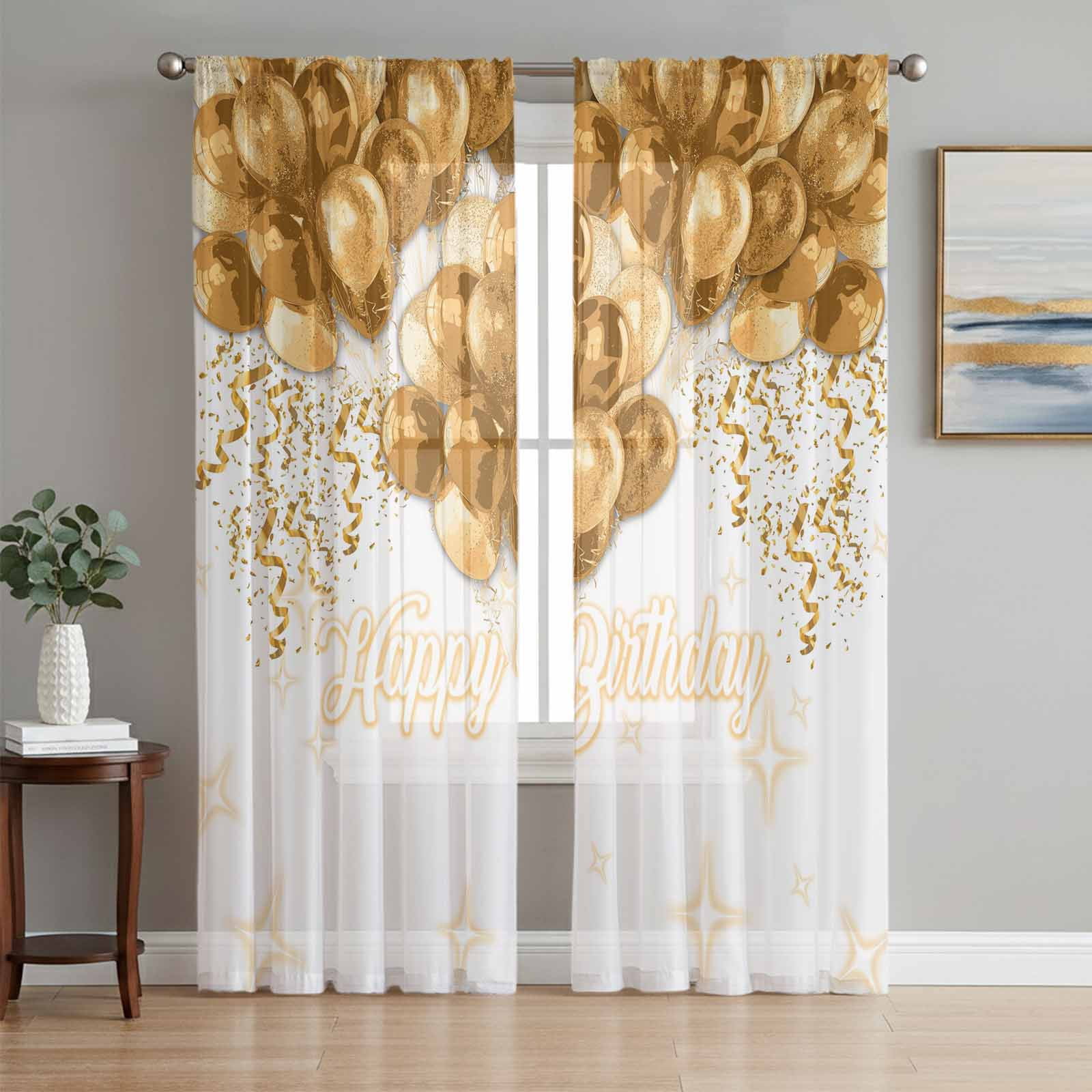 Happy Birthday Sheer Curtains 63 Inch Length 2 Panels Set, Golden ...