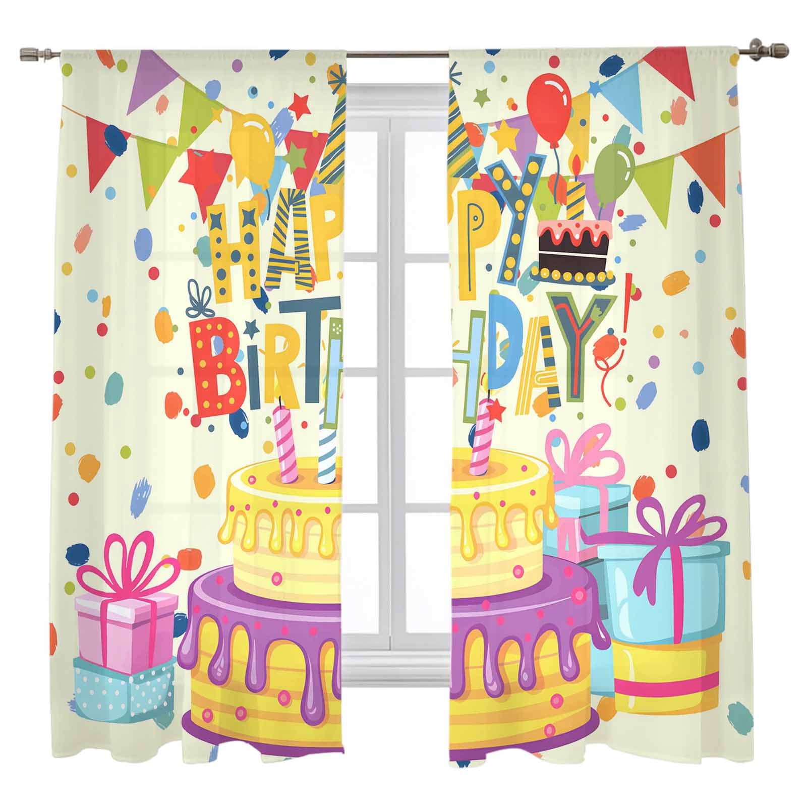 Happy Birthday Sheer Curtains 72 inches Long, Birthday Cake Balloon ...