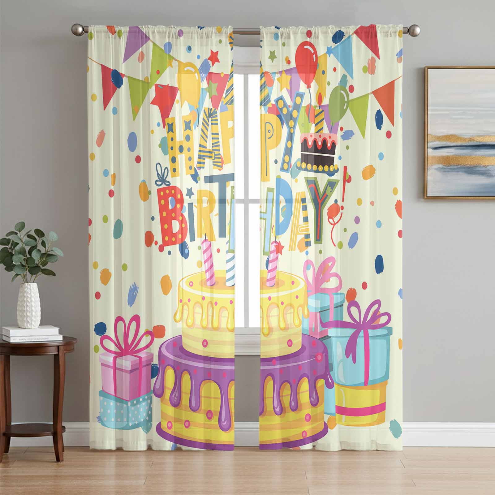 Happy Birthday Sheer Curtains 84 Inch Length 2 Panels Set, Beige ...