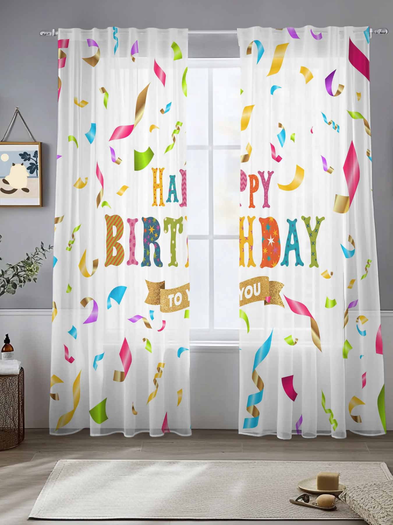 Happy Birthday Sheer Curtains 84 Inches Long 2 Panels Colorful Ribbon ...
