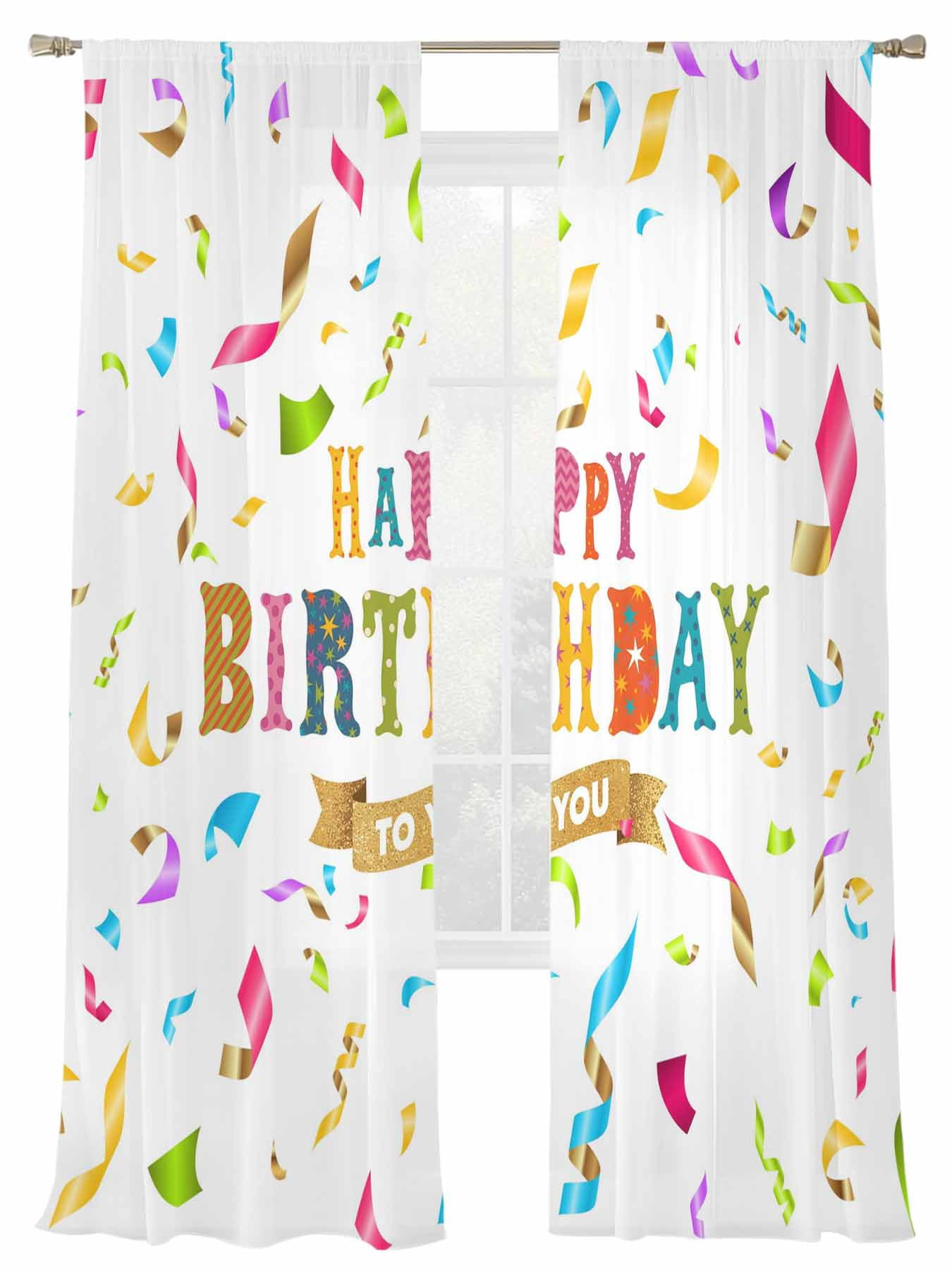 Happy Birthday Sheer Curtains 96 Inch Long 2 Panels, Colorful Ribbon ...