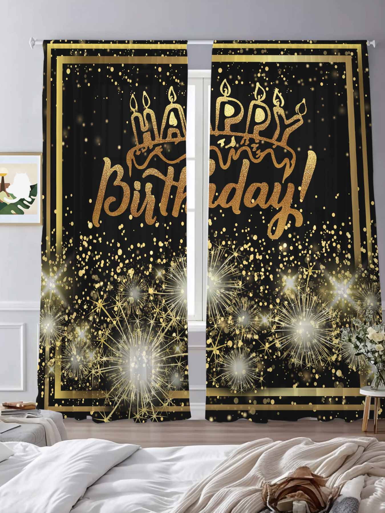 Happy Birthday Sheer Curtains 96 inches Long 2 Panels Set Gold Black ...