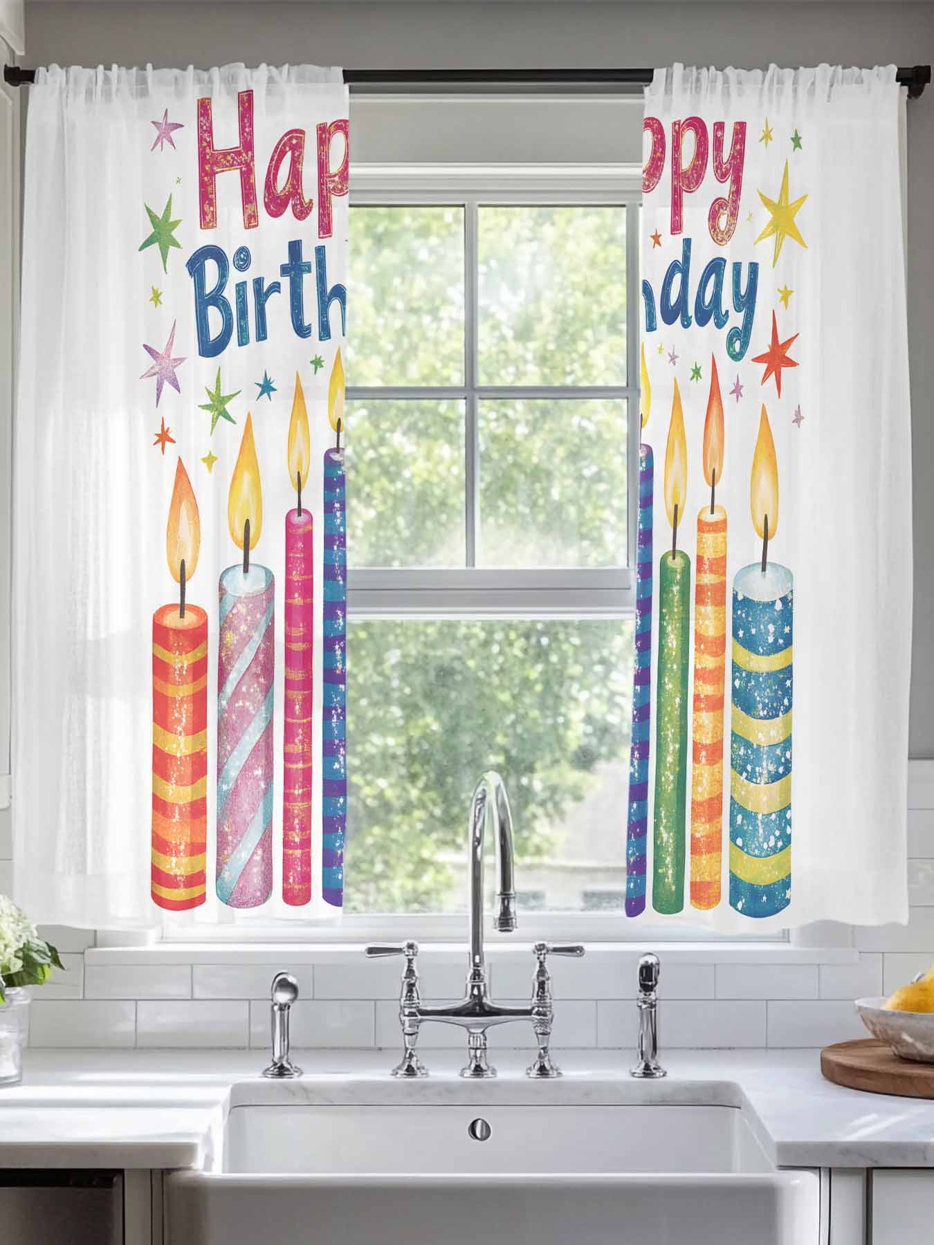 Happy Birthday Sheer Curtains for Living Room Bedroom Colorful Candle ...