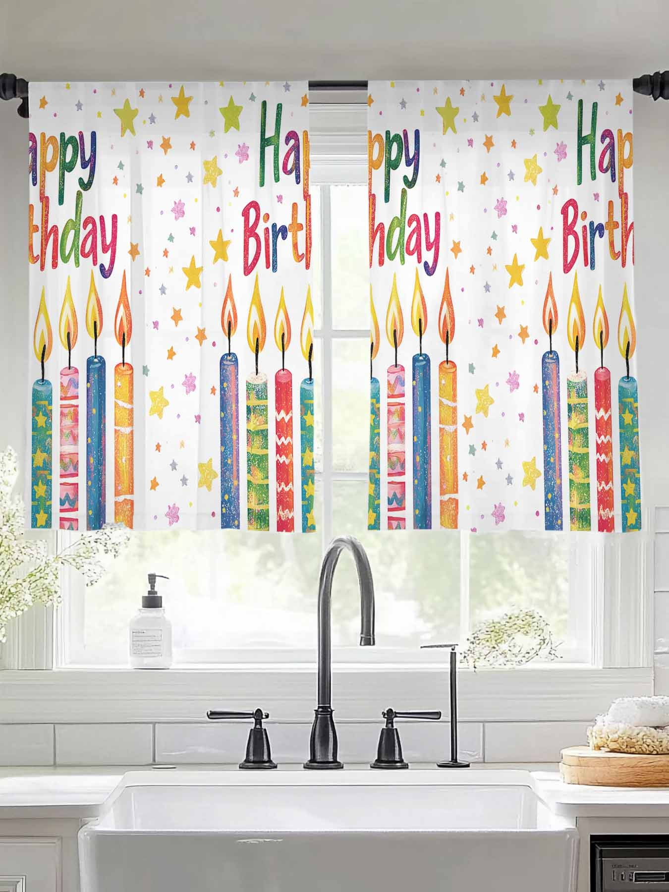 Happy Birthday Sheer Curtains for Living Room Bedroom Colorful Star ...