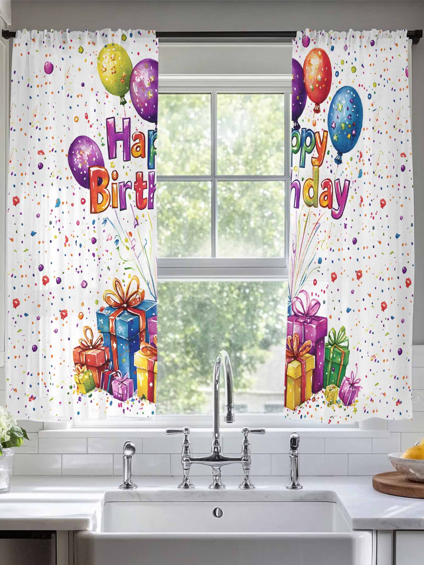 Happy Birthday Sheer Curtains for Living Room Bedroom Watercolor ...