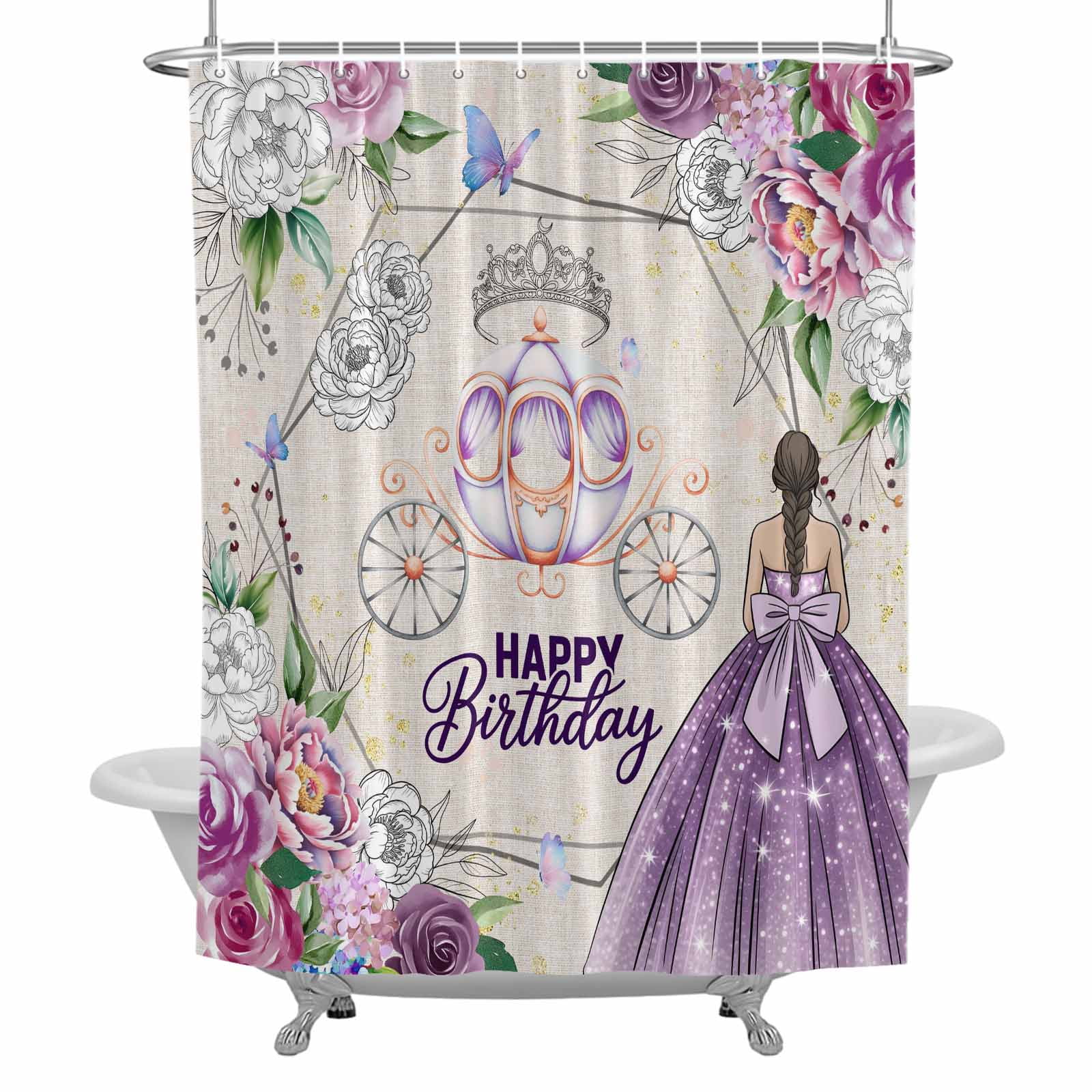 Happy Birthday Shower Curtain for Bathroom, Watercolor Purple Floral ...
