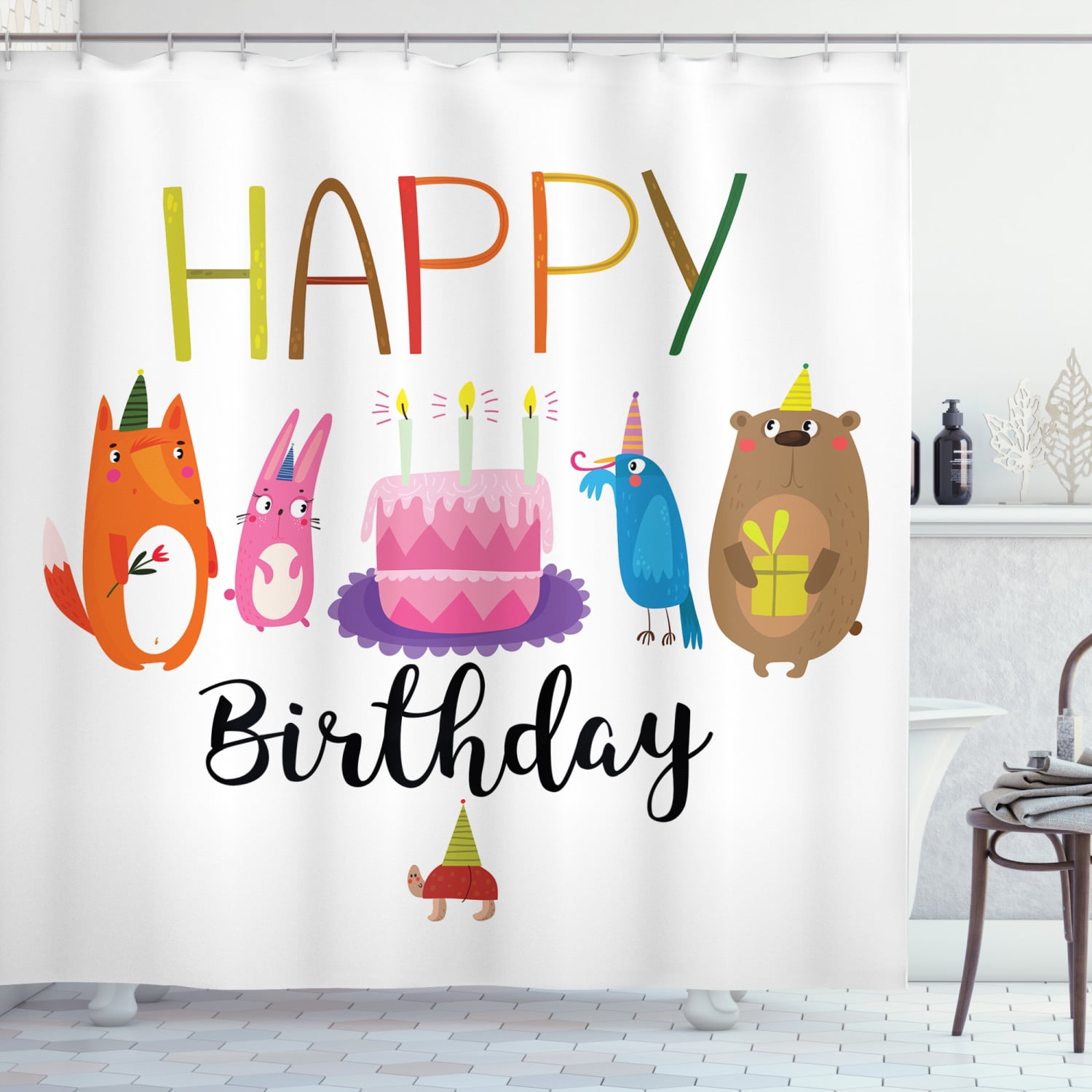 Happy Birthday Shower Curtain, Party Cartoon with Cake and Animal ...