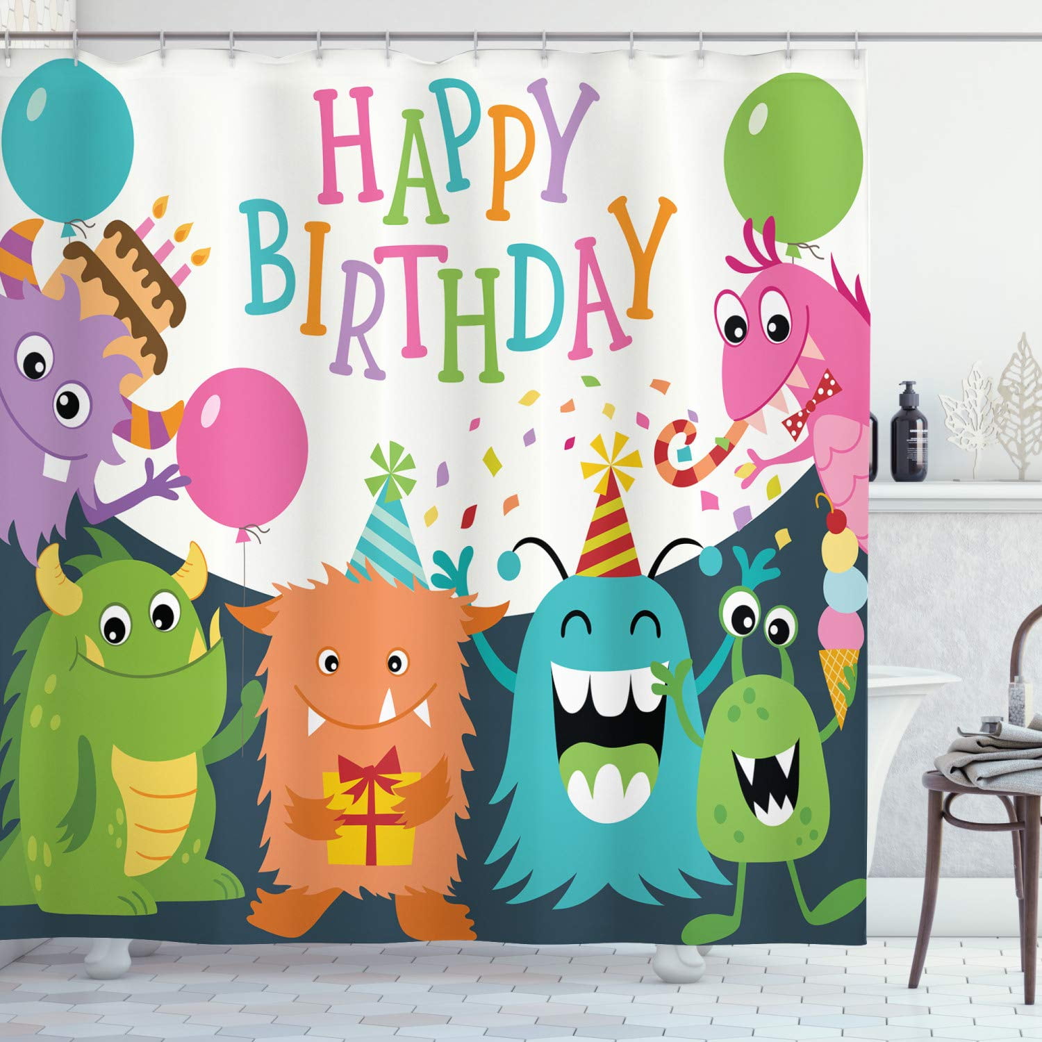 Happy Birthday Shower Curtain for Bathroom Colorful Birthday Banner ...