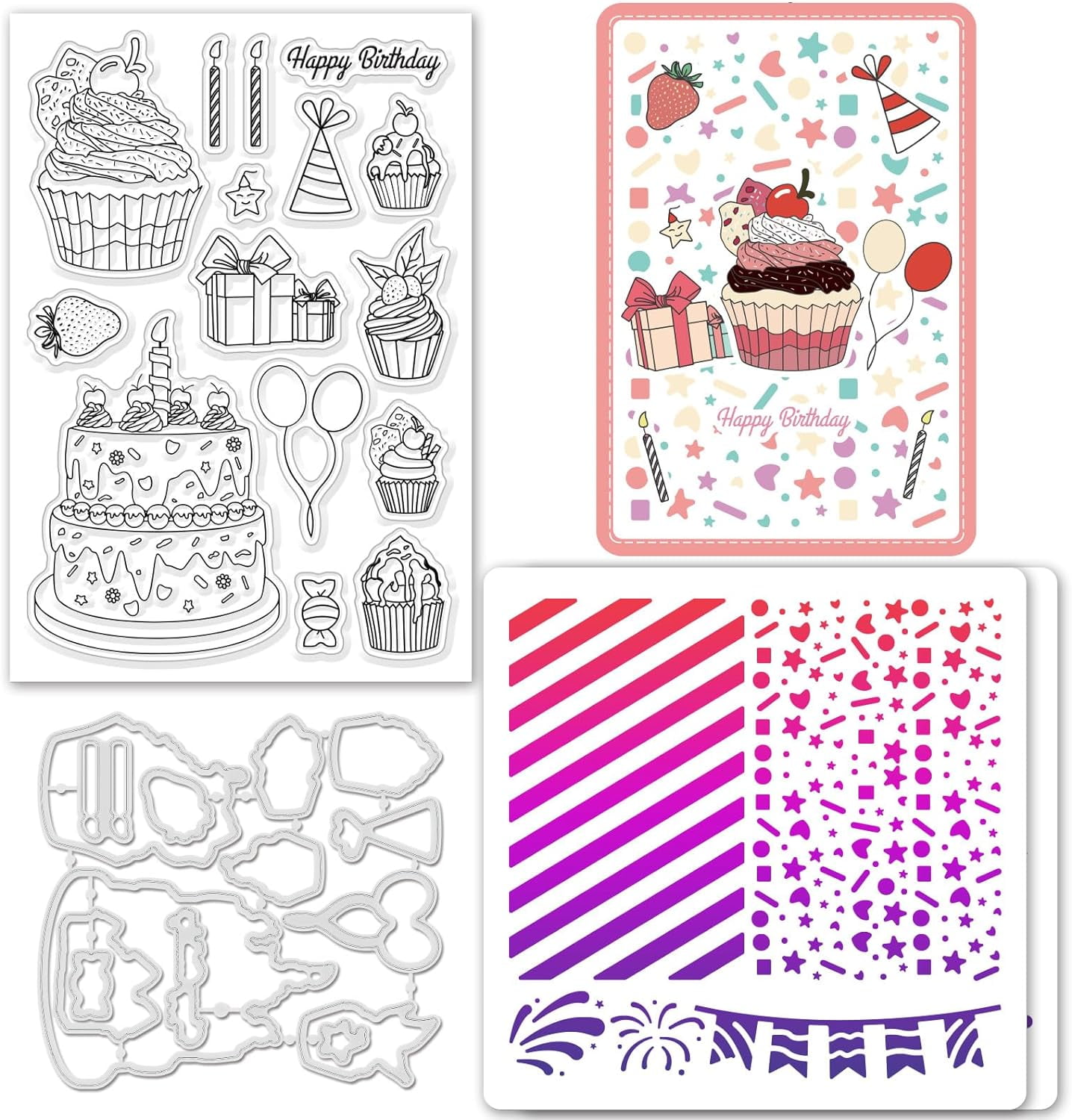 Happy Birthday Silicone Clear Stamps Metal Birthday Cake Cutting Die Cuts PET Paint Craft ...