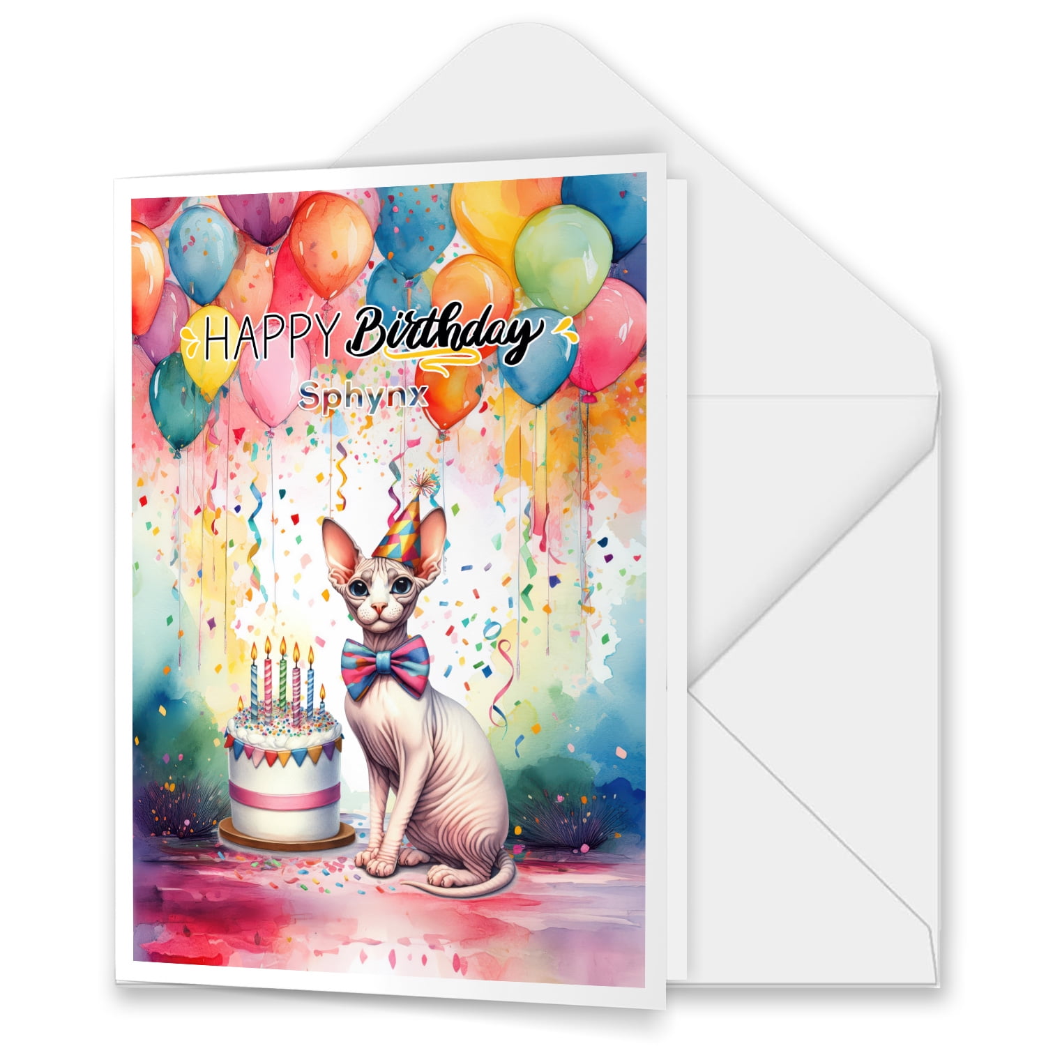 Happy Birthday to Sphynx Kitten Party Balloons Cake 5x7in Folded ...
