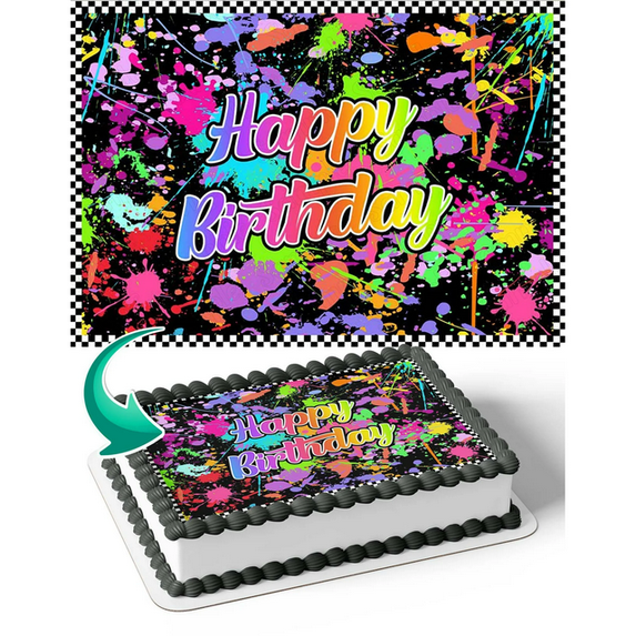 Happy Birthday Splash Paint Edible Image Cake Topper for Half Sheet ...
