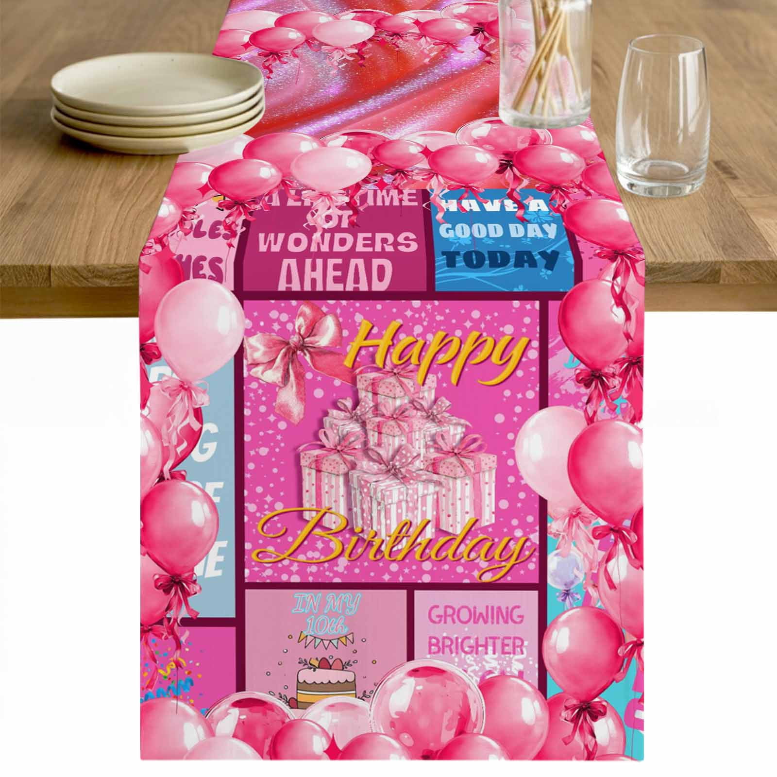 Happy Birthday Table Runner - 108 Inch Long Pink Balloons Bows Polka ...