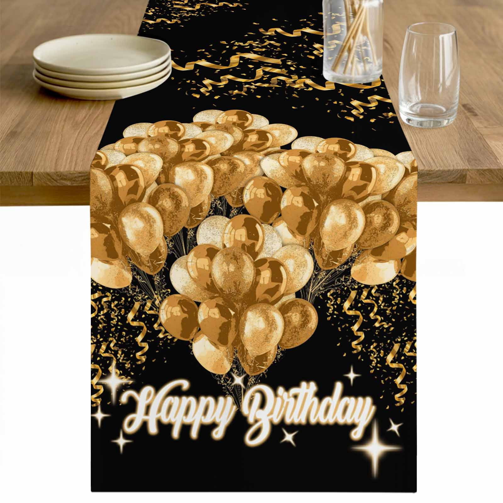 Happy Birthday Table Runner - 120 Inch Long Golden Balloons Ribbons ...