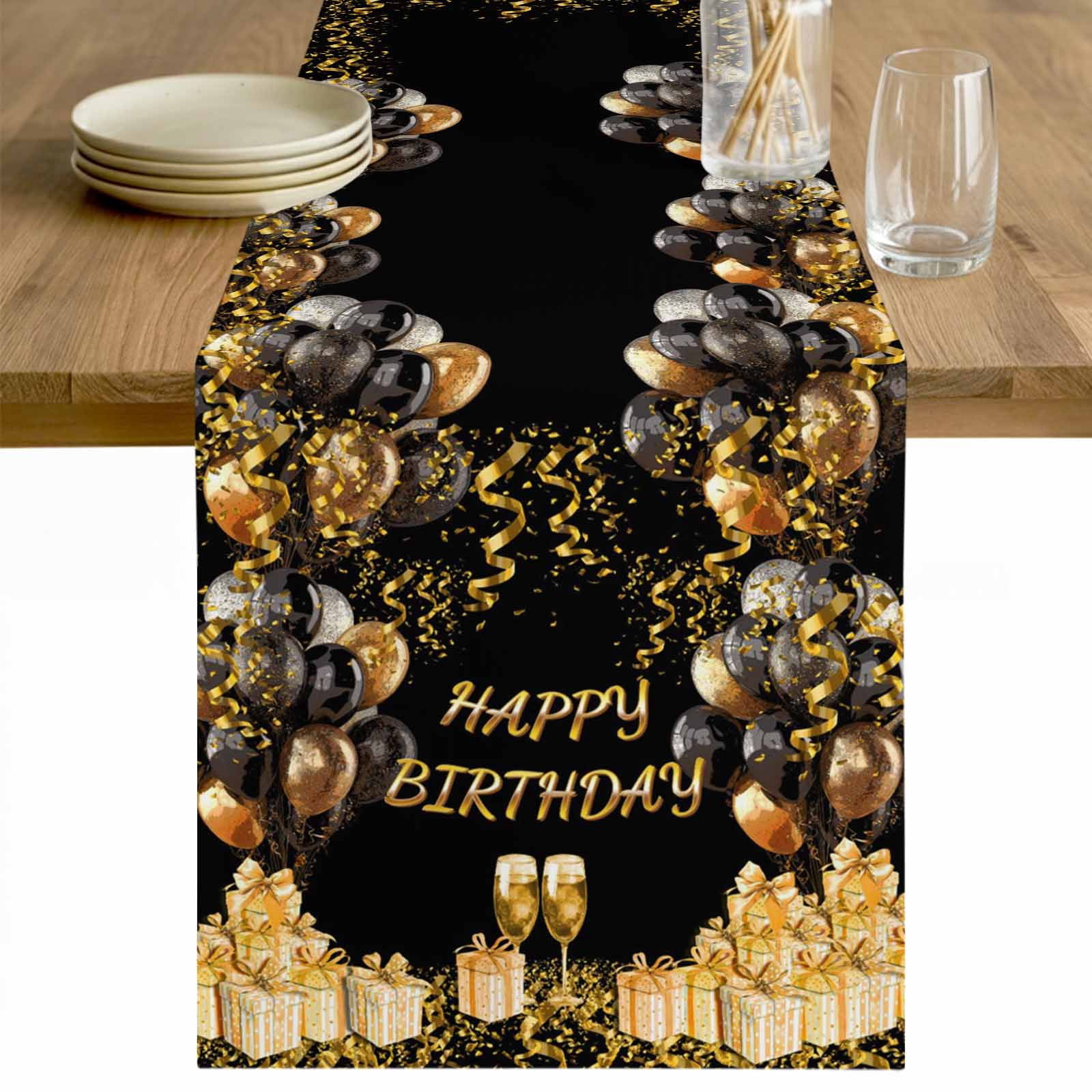 Happy Birthday Table Runner - 90 Inch Long Gifts Golden Black Balloons ...