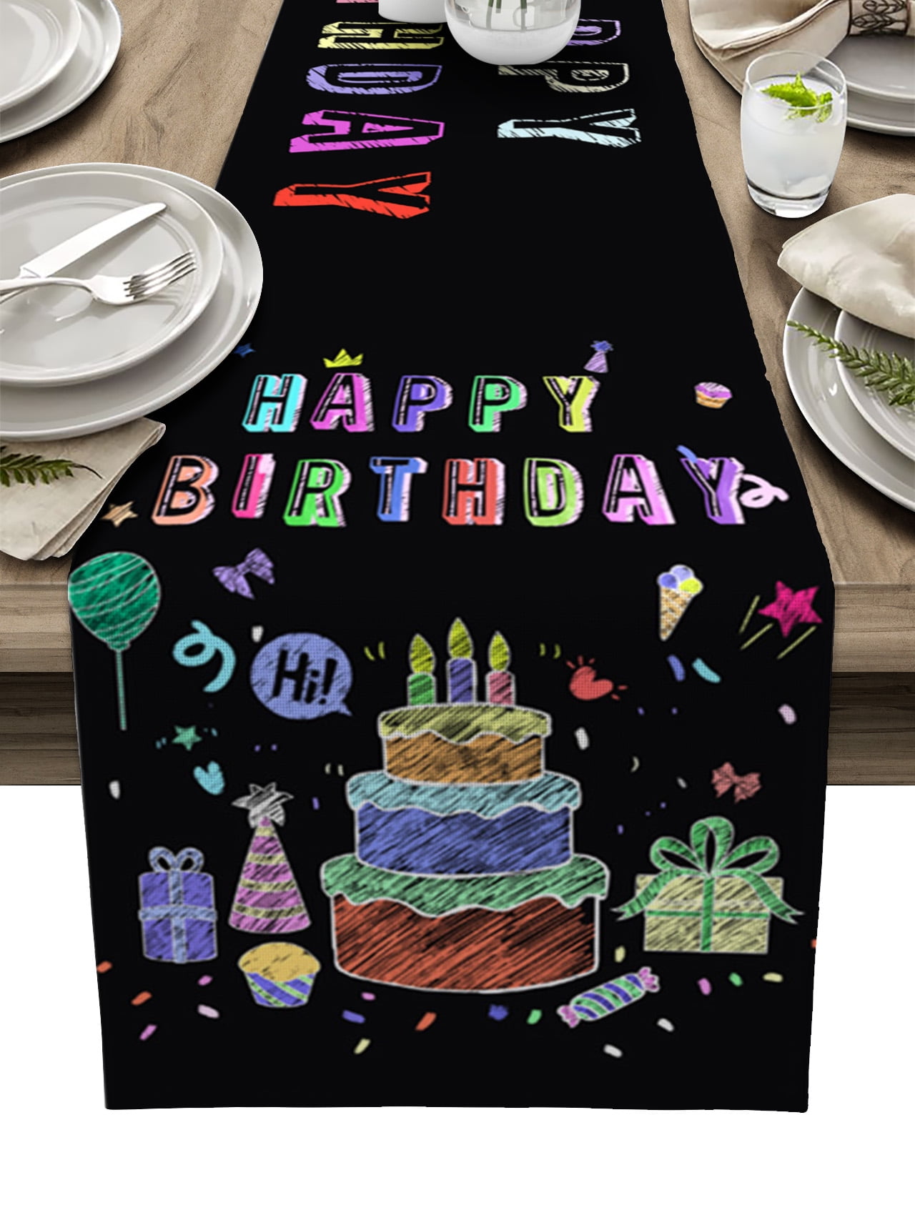 Happy Birthday Table Runner Birthday Gifts Cake Balloons Black ...