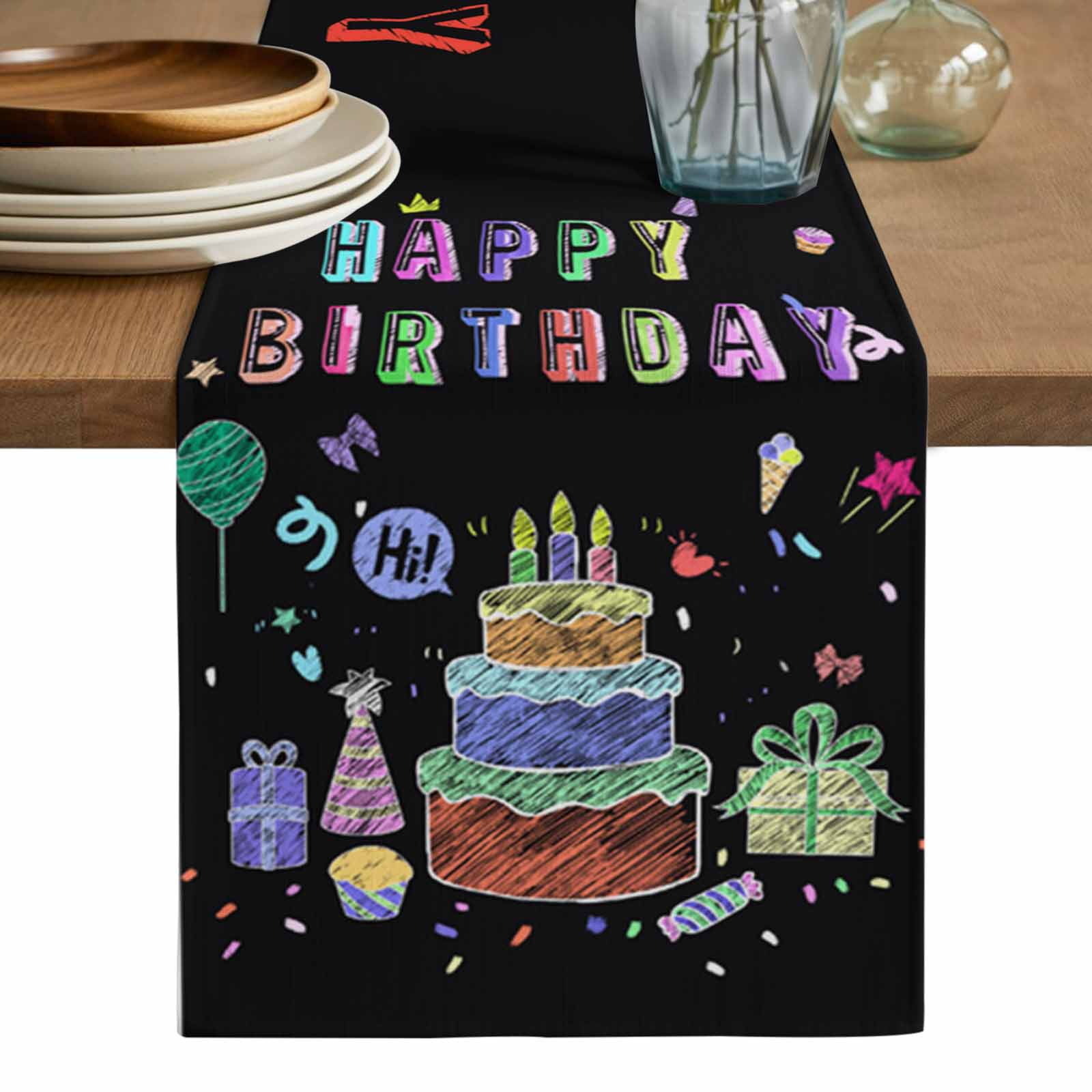 Happy Birthday Table Runner, Birthday Gifts Cake Balloons Black ...