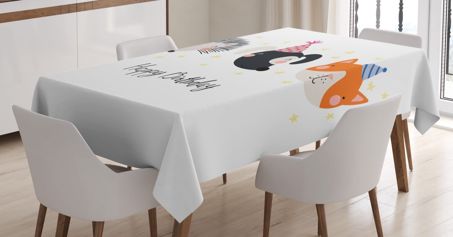 Happy Birthday Tablecloth, Hedgehog Cat Dog in Headpiece Stars Pointy ...