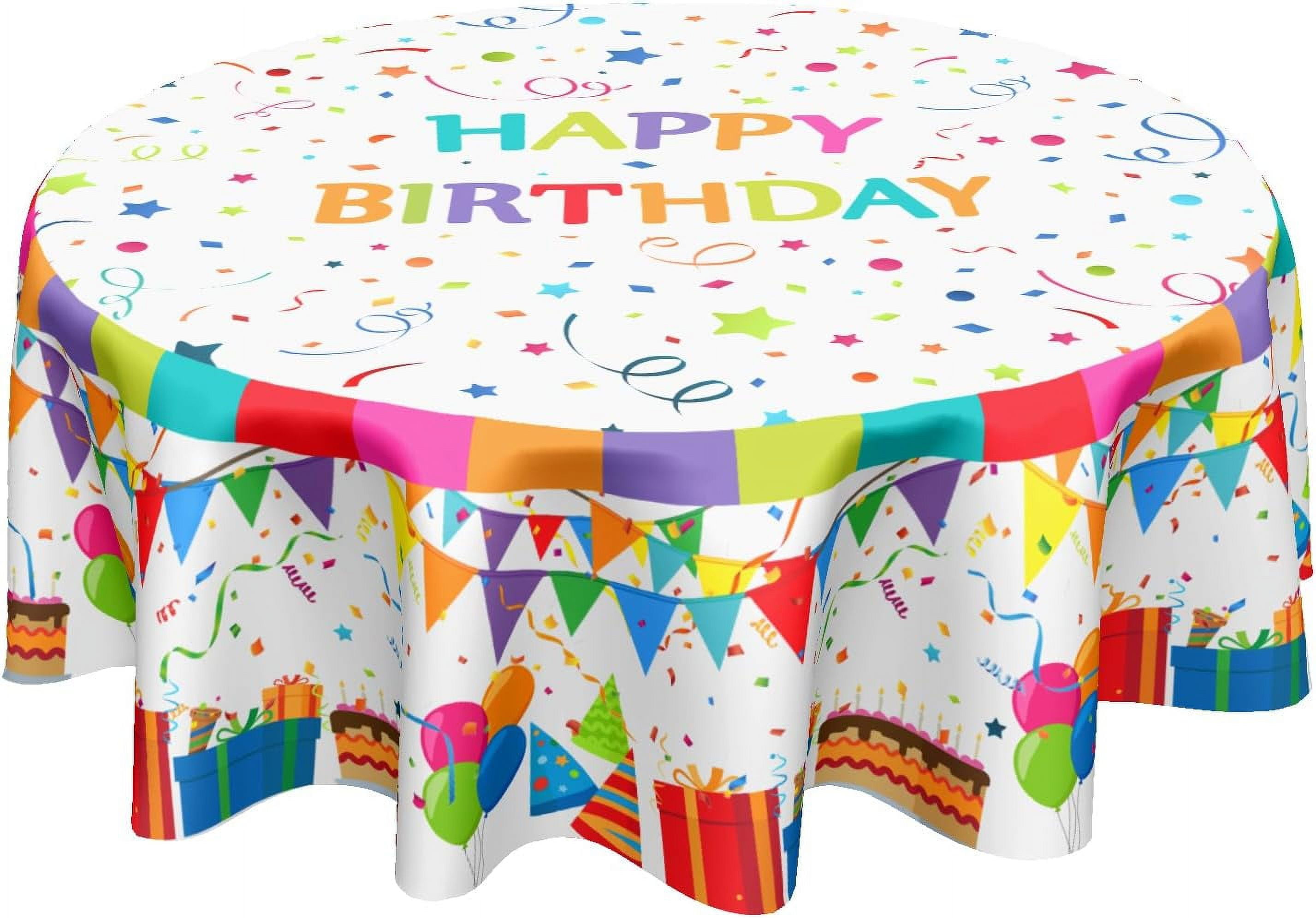 Happy Birthday Tablecloth Round 60 Inch Birthday Cake Gifts Coloured ...
