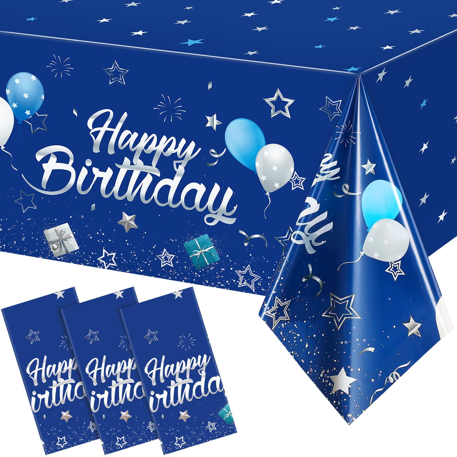 Happy Birthday Tablecloths Blue Stars Design, 3 Pack Large PE Plastic ...