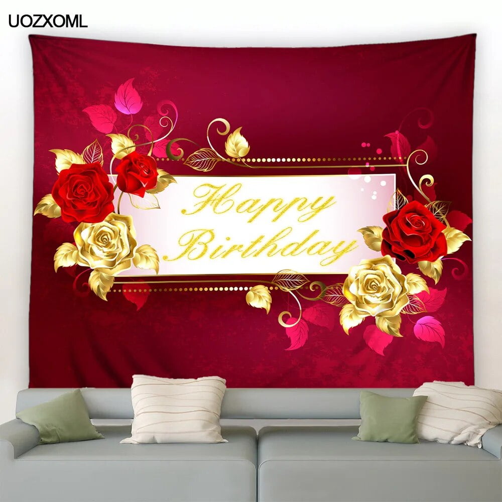Happy Birthday Tapestry Gold Red Rose Flowers Balloon Star Creative ...