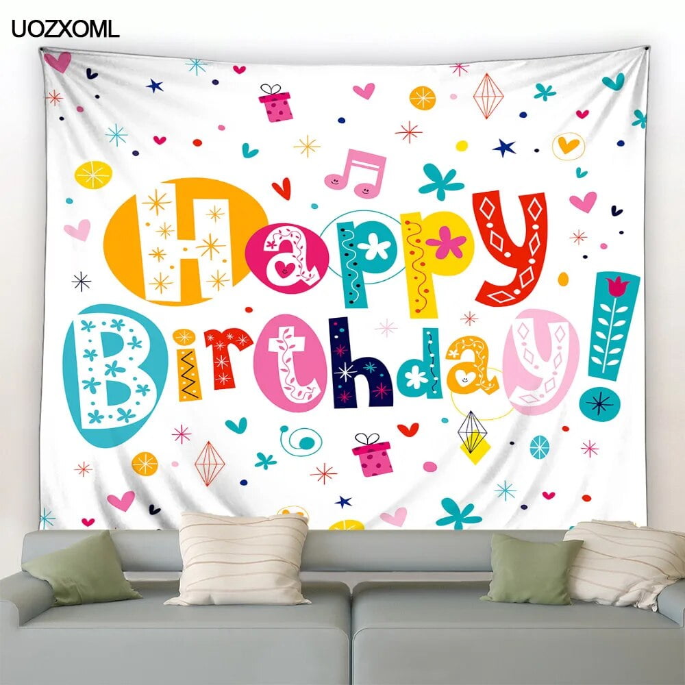 Happy Birthday Tapestry Gold Red Rose Flowers Balloon Star Creative ...