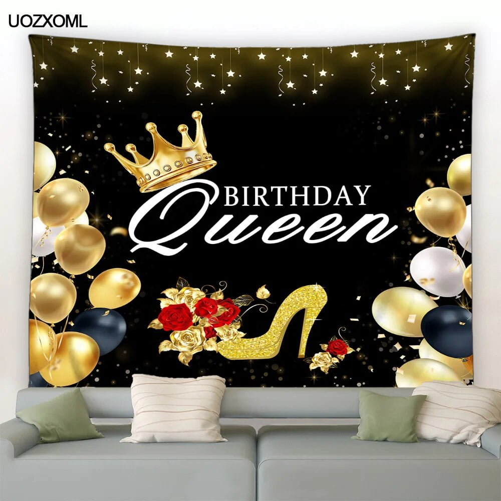 Happy Birthday Tapestry Gold Red Rose Flowers Balloon Star Creative ...