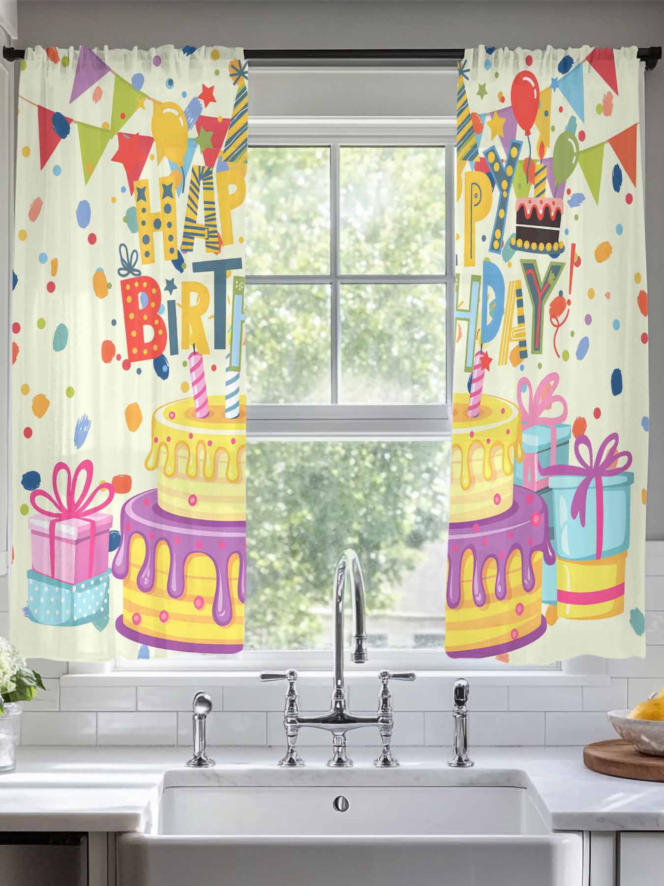 Happy Birthday Text Chiffon Sheer Curtains 63 Inches Long, Cartoon Cake ...