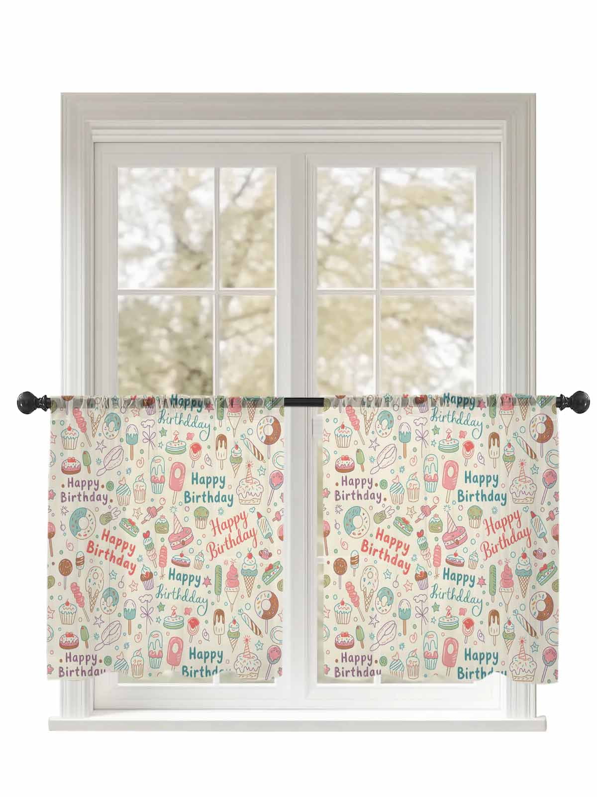 Happy Birthday Text Sheer Curtains 2 Panels Set Dessert Ice Cream Cake ...